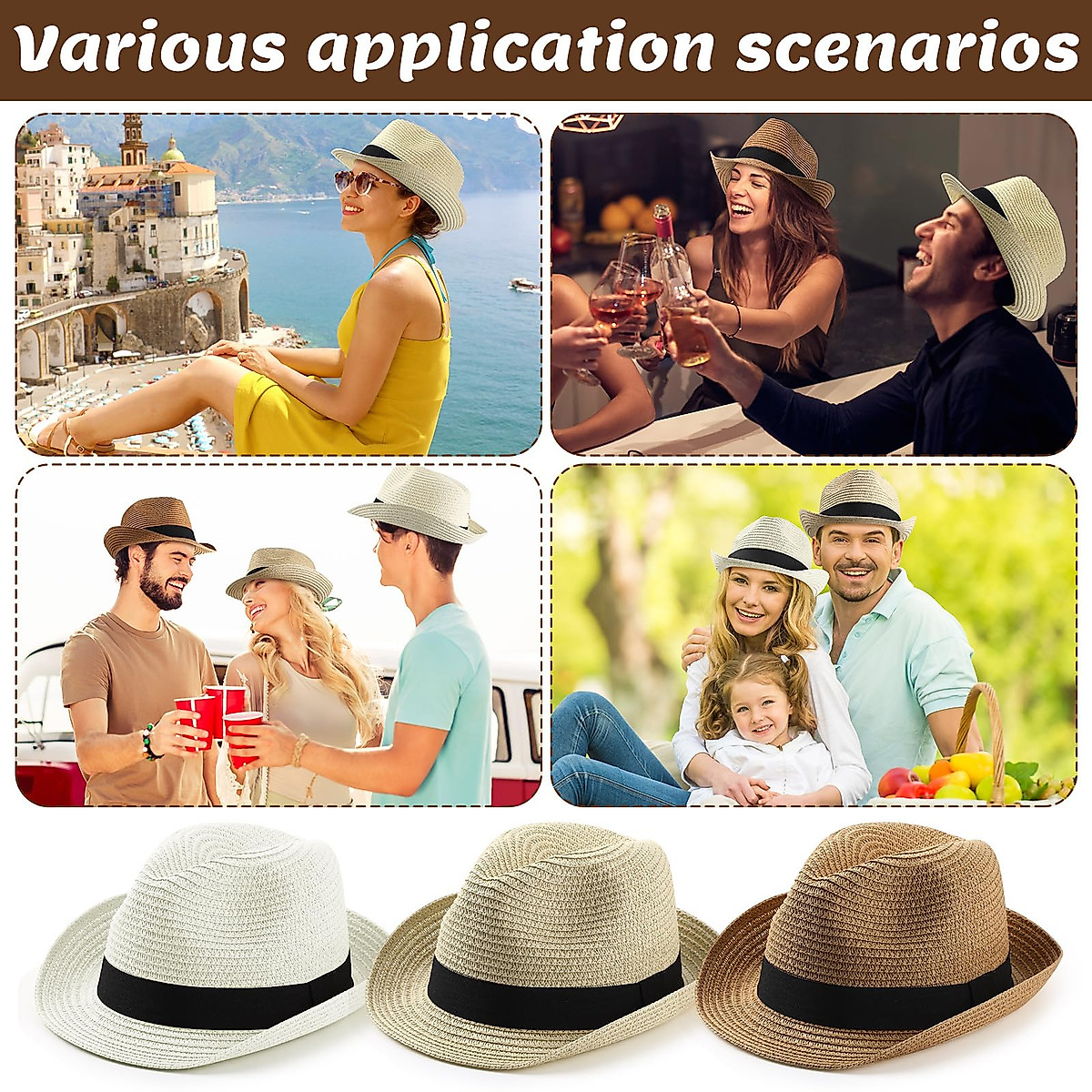 Jeyiour 24 Pcs Women Straw Hat Bulk Panama Hat Men Short Brim Packable Sun Trilby Hat Summer Hats Foldable Straw Beach Hat for Women Men Vacation, Khaki Beige and White