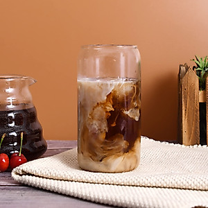 VIKEYHOME 4 Pack Drinking Glasses, Can-shaped Glass Cups with Bamboo Lids and Gold Stainless Steel Straws, 16 oz Beer Glasses, Iced Coffee Glasses, Cute Tumbler for Jam, Juices and Cocktail