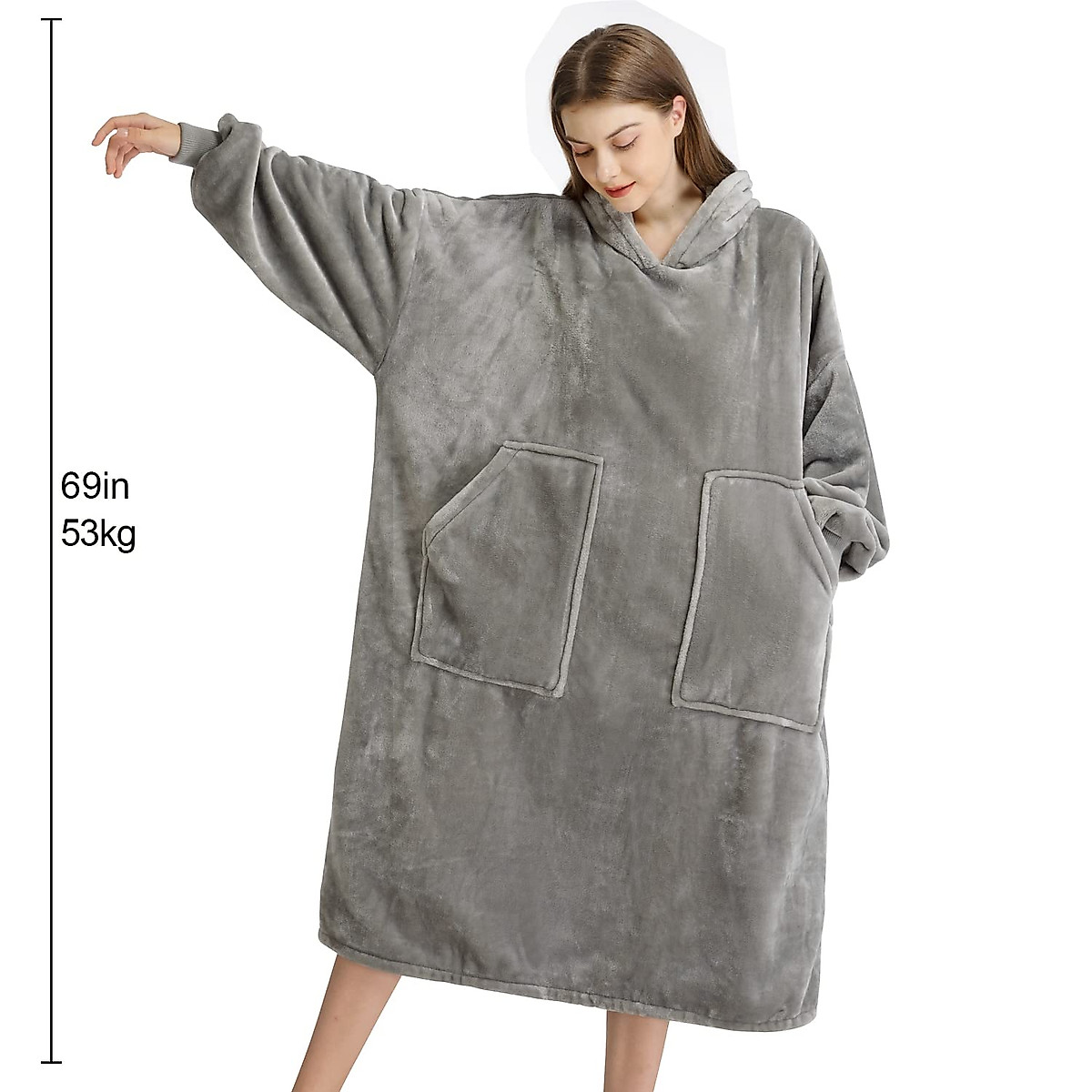Kipswiza Oversized Wearable Blanket Flannel Soft Long Hoodie Blankets for Adults-Light Grey