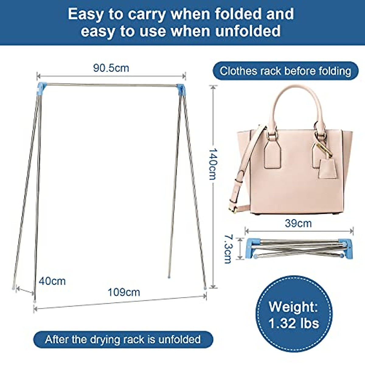 Portable Garment Rack, Folding Clothes Rack, Collapsible Clothing Rack with 10 Mini Foldable Clothes Hangers, Free Installed Lightweight Freestanding Hanger for Indoor Outdoor Travel and Camping