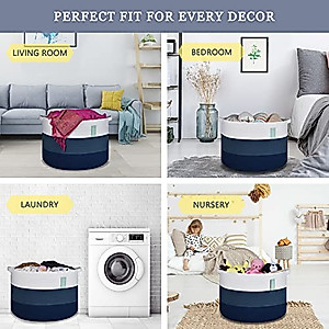 BOSROTY Extra Large Blanket Basket, Laundry Basket, Cotton Rope Basket, 21.7”x 13.8”, Laundry Hamper, XXXL Storage Basket, Woven Basket, Toy Basket, Clothes Baskets, White&Cadet Blue&Navy Blue