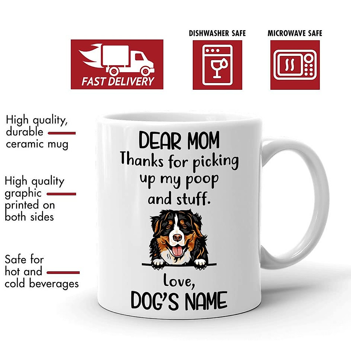 Personalized Bernese Mountain Dog Coffee Mug, Custom Dog Name, Customized Gifts For Dog Mom, Mother's Day, Birthday Halloween Xmas Thanksgiving Gift For Dog Lovers Mugs