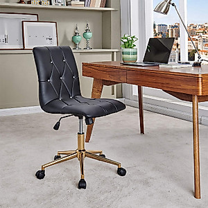 DUHOME Leather Home Office Chair, Armless Black Desk Chair with Gold Base, Adjustable Task Chair Computer Chair Rolling Chair with Wheels for Teens