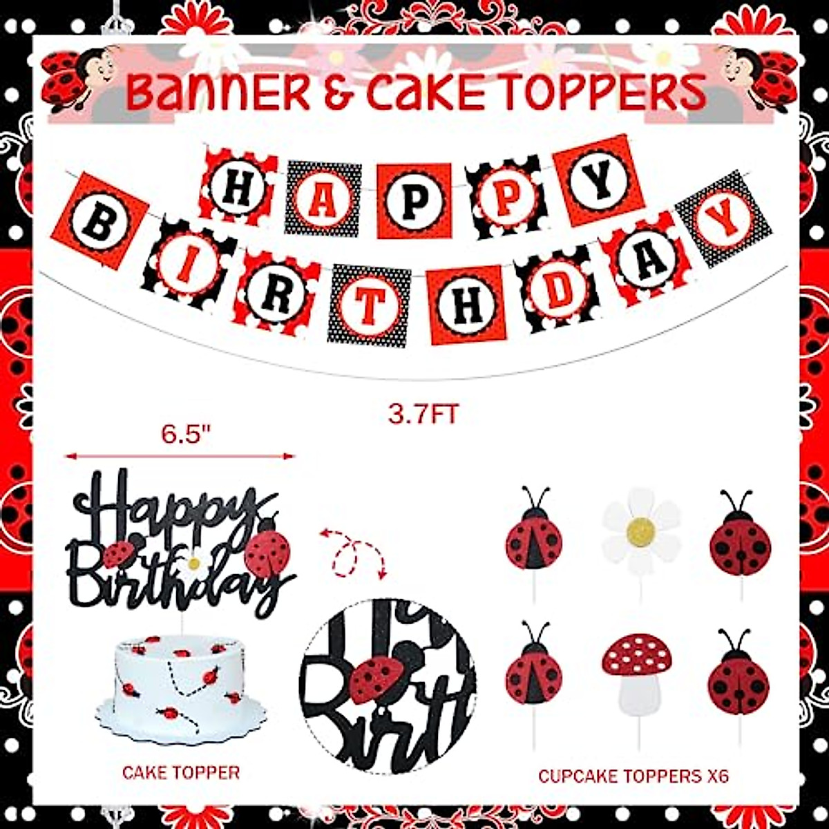 103 PCs Ladybug Birthday Party Decorations, Fiesec Ladybug Party Supplies Backdrop Balloon Garland Banner Tablecloth Cake Cupcake Topper Walking Balloon Polka Dots Red Black