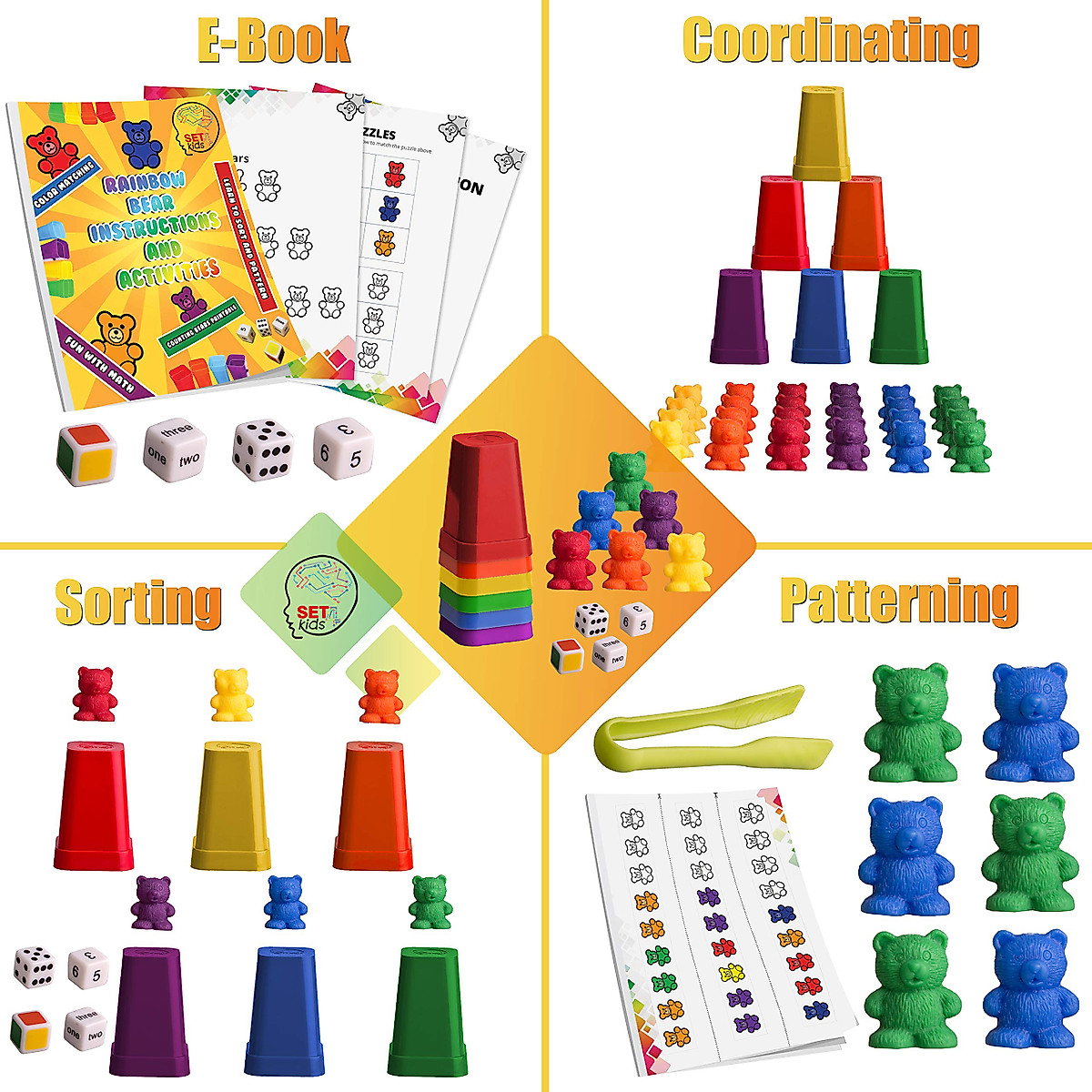 SET4kids Counting Bears with Matching/Sorting Cups, 4 Dice, Tweezers and an Activity e-Book. for Toddler Games | Early Childhood Education. 71 pc Game Set