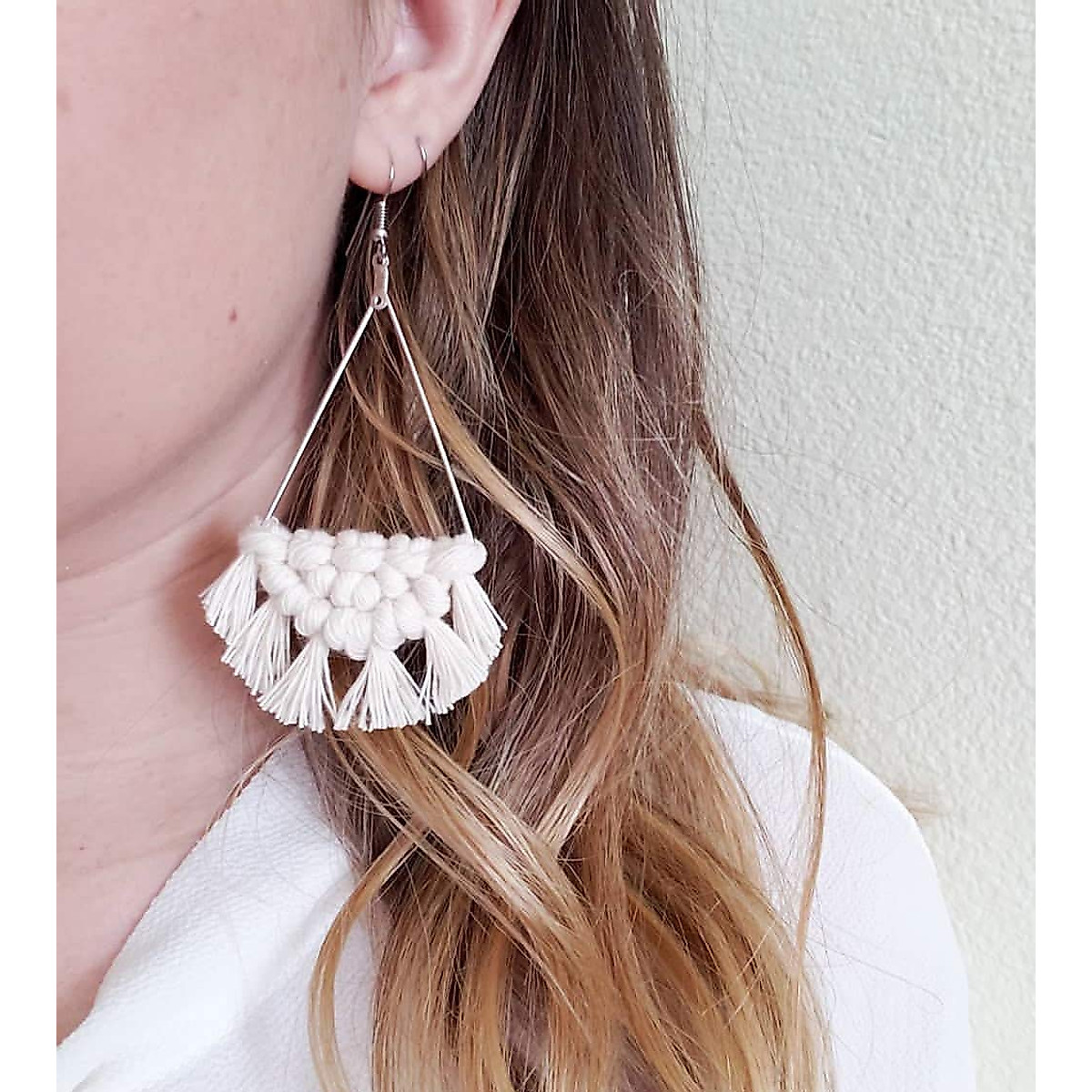 Bohemian Handmade Fringe Tassel Dangle Drop Statement Earrings for Women (Cream)