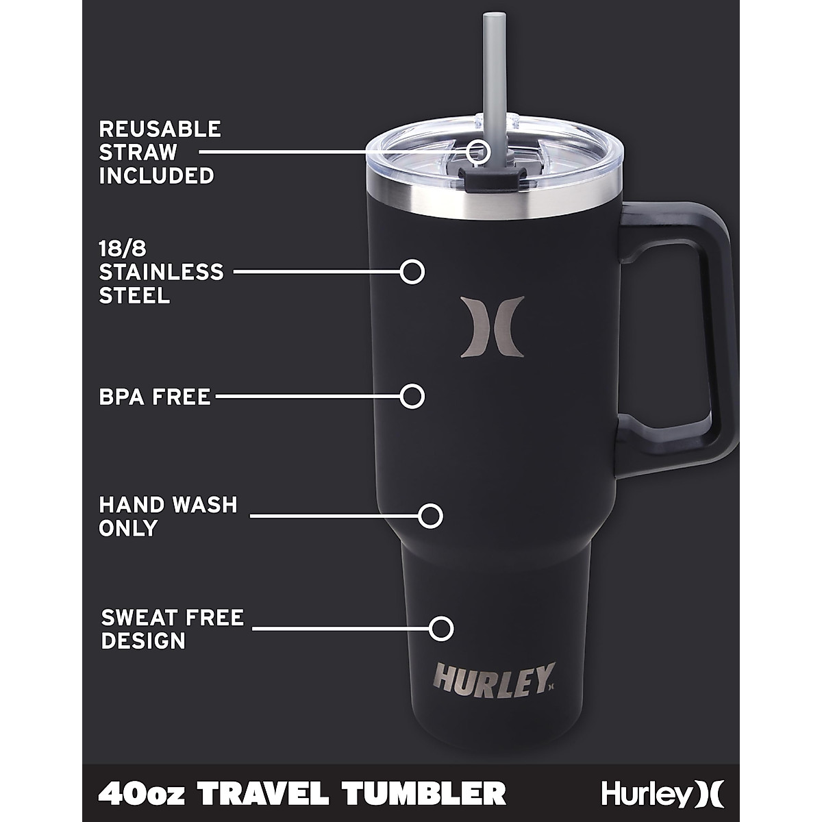 Hurley Tumbler Thermos - 40oz Double Wall Vacuum Insulated Travel Mug with Handle - BPA Free Stainless Steel Water Bottle - Leak Proof Hot and Cold Coffee Car Cup, Size 40 Ounces, Black Solid Rubber