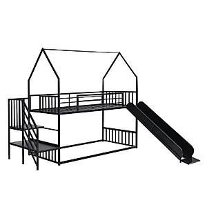 House Bunk Bed Twin Over Twin, Low Bunk Bed with Slide and Storage Stairs, Heavy-Duty Metal Playhouse Bunk Bed Frame for Kids Boys Girls Teens, Black