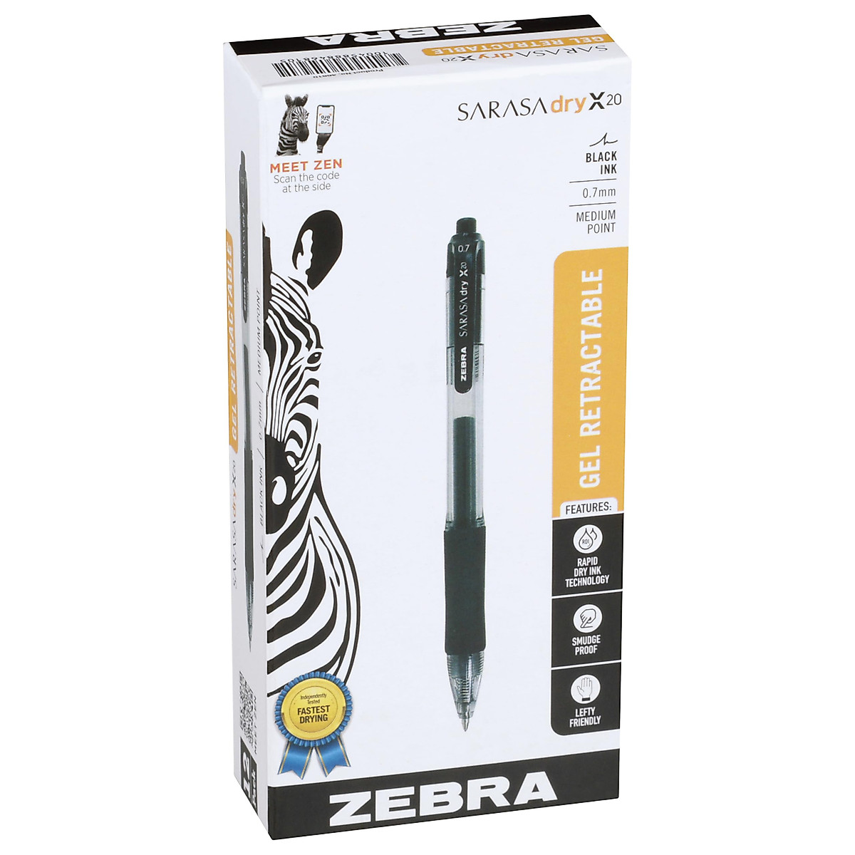 Zebra Pen Sarasa Dry X20 Retractable Gel Pen, Medium Point, 0.7mm, Black Ink, 12-Pack