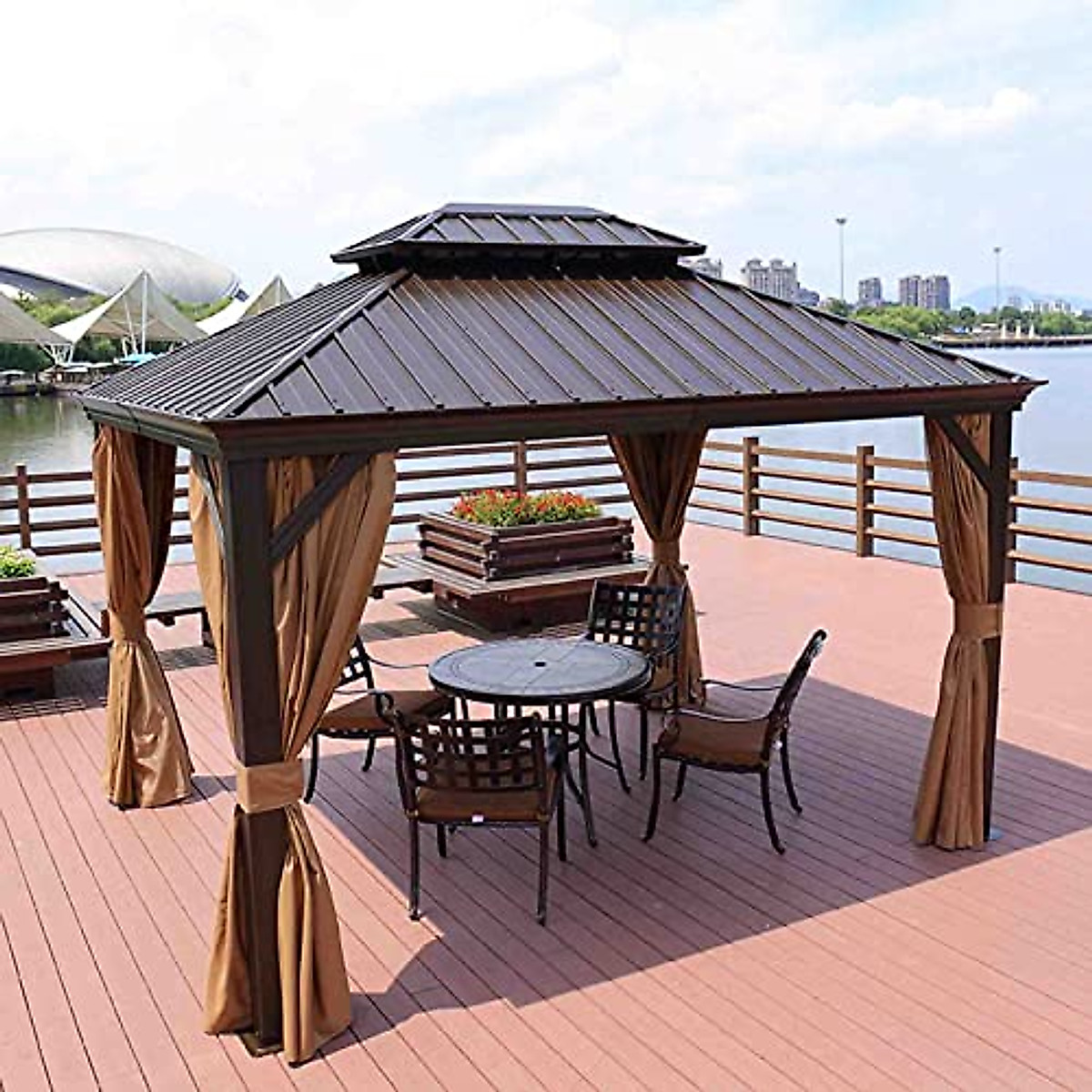 Outdoor Hardtop Galvanized 10X 10ft Steel Double Roof Permanent Gazebo Canopy Aluminum Frame Patio Gazebo with Curtains and Netting