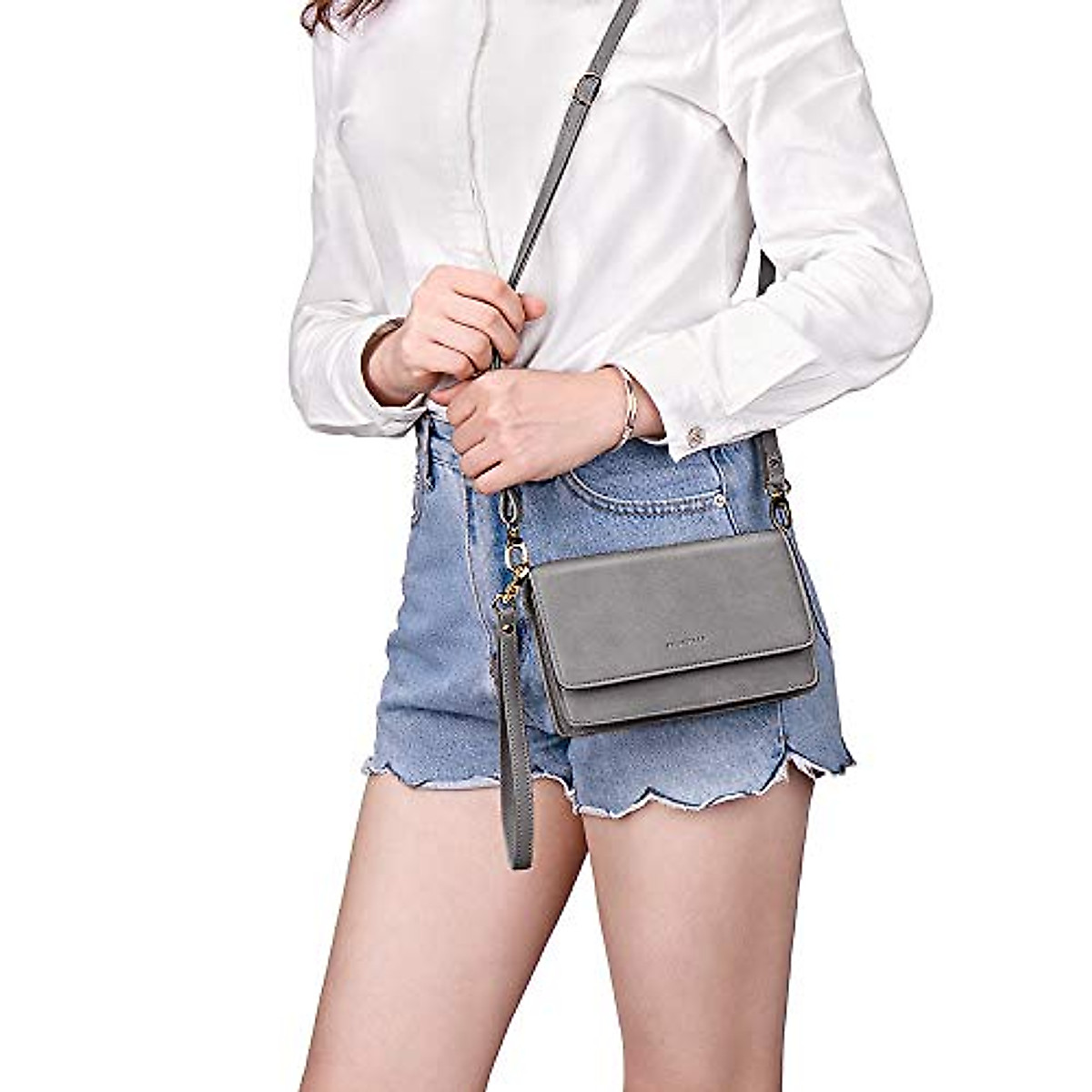 nuoku Women Small Crossbody Bag Cellphone Purse Wallet with RFID Card Slots 2 Straps Wristlet, Grey Bag