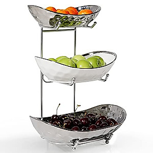 Acliys Fruit Bowl, 3 Tier Ceramic Fruit Basket, 3 Tier Serving Stand Serving Bowl with Metal Rack, Porcelain Kitchen Bowls for Fruit Vegetable Storage Snack Nuts Dessert Cake Tray for Party Wedding
