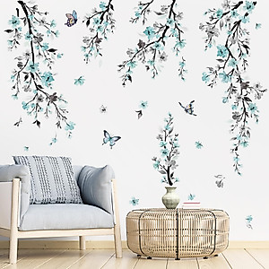 wondever Watercolor Flower Vine Wall Stickers Blue Hanging Floral Tree Branch Wall Art Decals for Living Room Bedroom TV Wall
