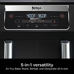 Ninja DZ090 Foodi 6 Quart 5-in-1 DualZone 2-Basket Air Fryer with 2 Independent Frying Baskets, Match Cook & Smart Finish to Roast, Bake, Dehydrate & More for Quick Snacks & Small Meals, Black (Renewed)