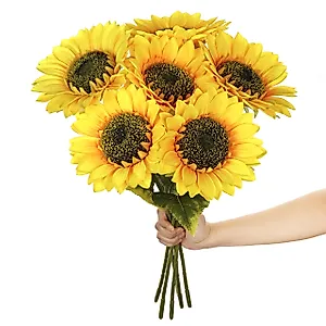 Plobach Artificial Silk Sunflowers 6 Pcs Long Stem Fake Sunflowers Bouquet Large Sunflowers Decor for Home Hotel Office Wedding Party Garden