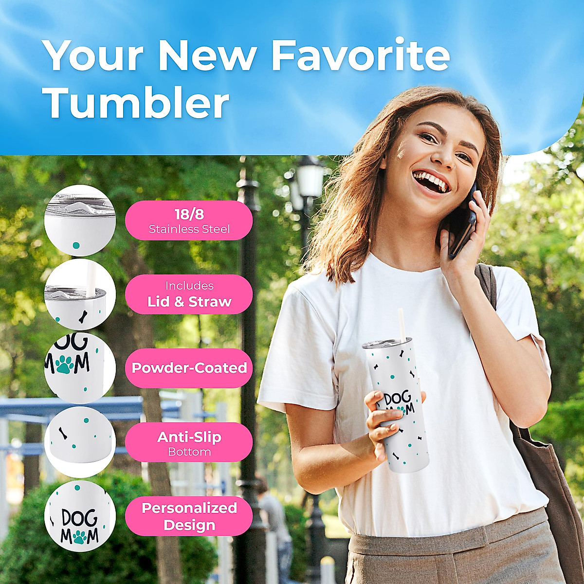 SassyCups Dog Mom Tumbler with Straw | Vacuum Insulated Stainless Steel Dog Themed Travel Mug | Cute Cup For Dog Lover | New Dog Owner | Dog Items For Women | From Dog (20 oz, White, Mint, Black)