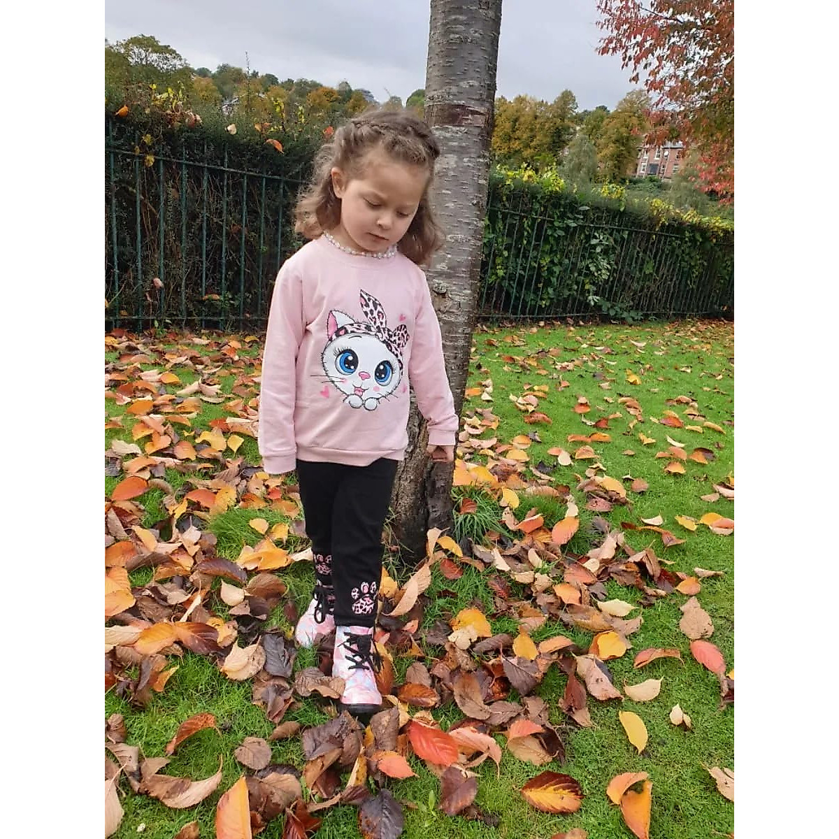 Axumity Toddler Girl Clothes Cat Print Pullover Sweatshirt + Leopard Print Pant 2-Piece Kid Girl Fall Winter Pants Set(4-5T)