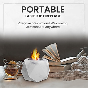 Levaly Tabletop Fire Pit for Indoor Outdoor - White Geometric Smokeless and Odorless Table Top Firepit Bowl - Mini Portable Firebowl - Cement Fireplace - Backyard Patio Balcony Smores,Ethanol Biofuel