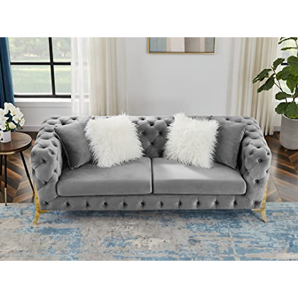 Melpomene Contemporary Velvet Upholstered Sofa Couch with Deep Button Tufting and Custom Gold Chrome Legs,Grey