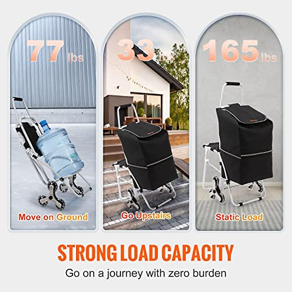 VEVOR Shopping Cart with Wheels, Stair Climbing Grocery Cart with 50L Removable Shopping Bag, 165lbs Foldable Utility Cart Trolley Dolly with Seat, Stair Climber Cart for Grocery Shopping Travel