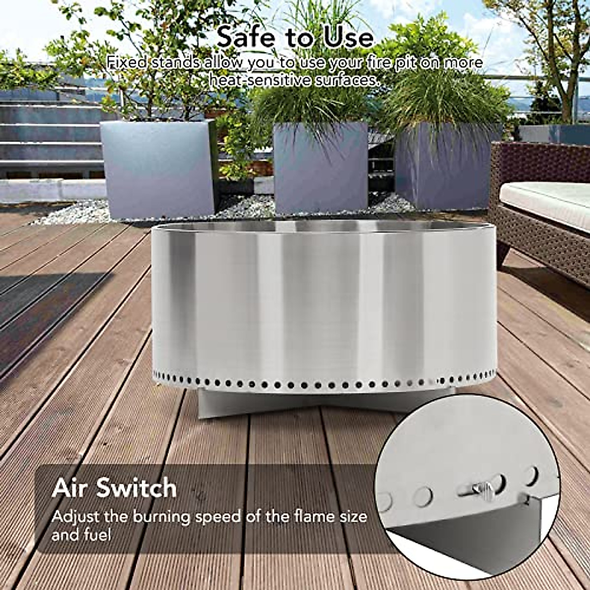 27" Portable Stainless Steel Smokeless Fire Pit with Removable Stand and Ash Pan - For Camping, Backyard, Patio