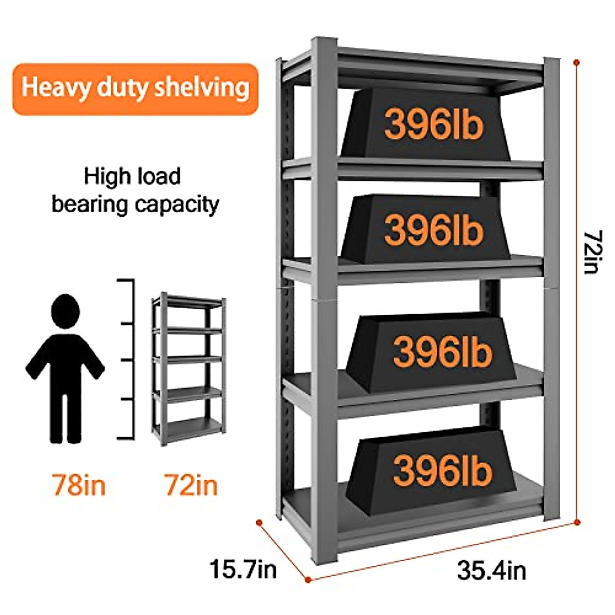 Leariso Garage Shelving Unit, 72" H Garage Storage Shelves Adjustable Heavy Duty Shelving, Metal Shelving Shelves for Storage Racks Warehouse Basement Kitchen, 5-Tier,35.4" W x 15.7" D x 72" H