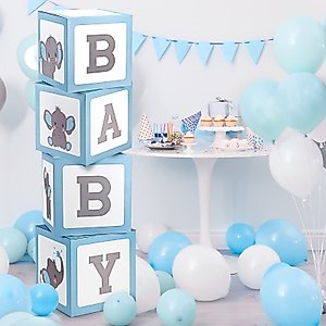 Epakh 4 Pcs Elephant Baby Boxes for Baby Shower Decoration with 4 Pcs Baby Shower Party Boxes Elephant Printed Baby Blocks for Baby Boy Shower, Happy Birthday Decorations, Gender Reveal Party(Blue)