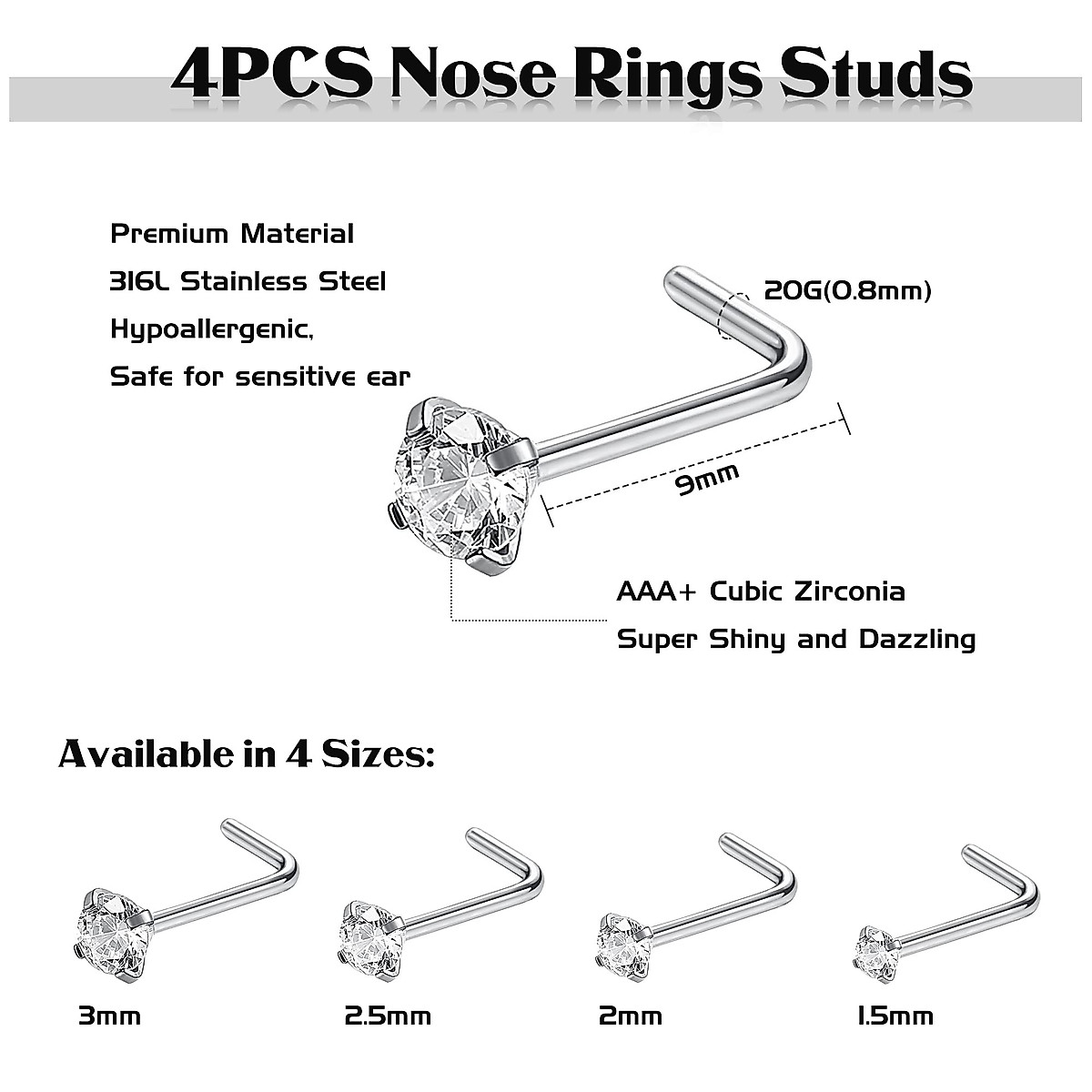 Jstyle 20G 4 Pcs Stainless Steel Nose Rings Studs L-Shape Piercing Body Jewelry 1.5mm 2mm 2.5mm 3mm S