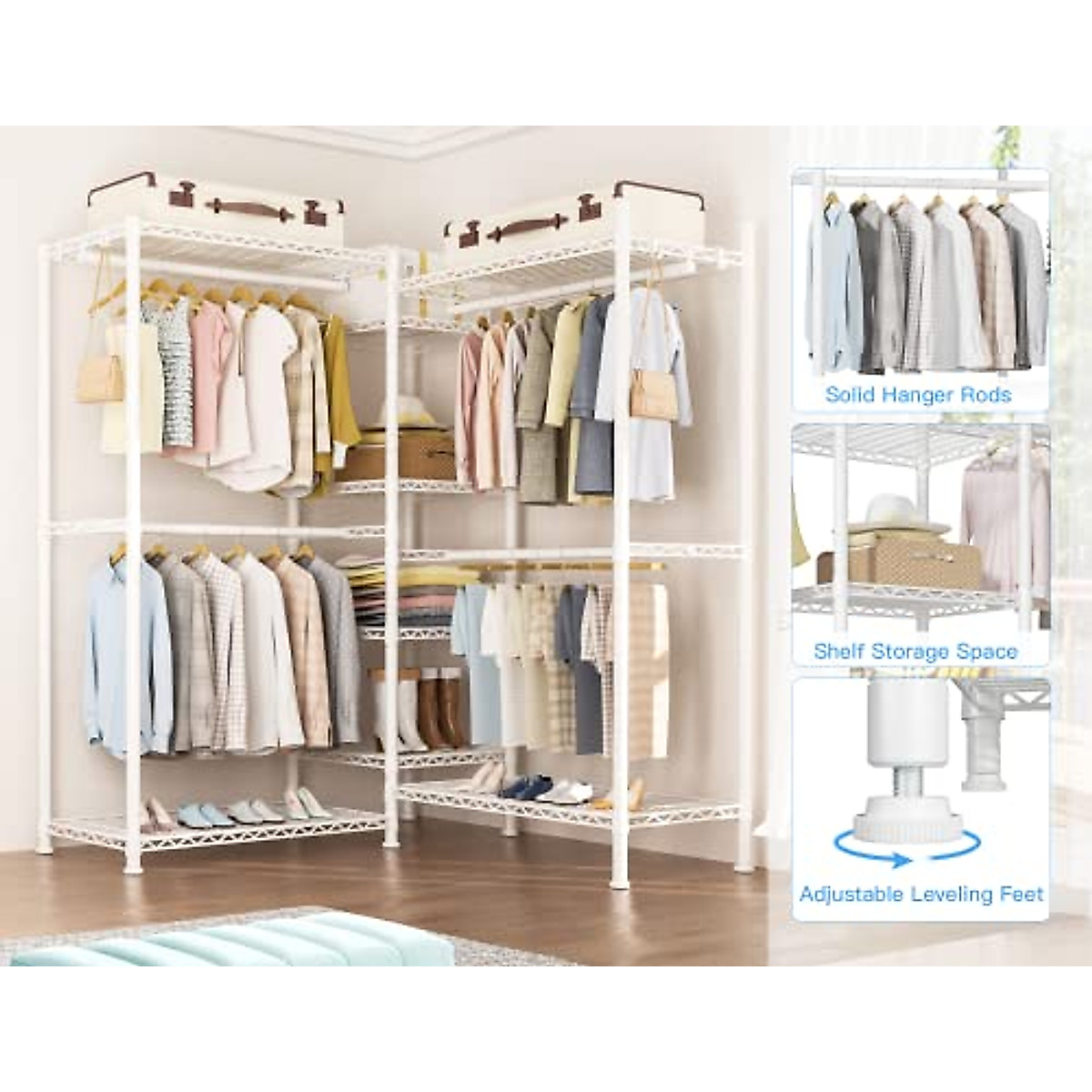 Ulif E4 Garment Rack, Freestanding Closet Organizer and Storage System, Heavy Duty Clothing Wardrobe with 8 Shelves and 4 Hanger Rods, Max Load 920 LBS, 71.6”W x 14.5”D x 79.3”H, White