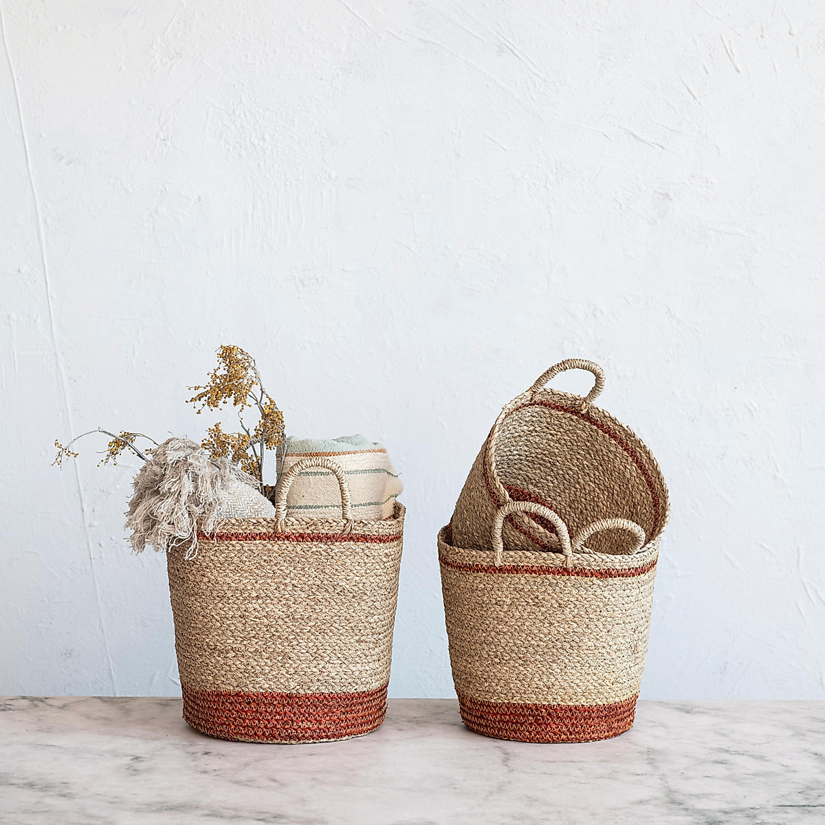 Creative Co-Op Woven Seagrass Baskets with Stripes and Handles, Natural and Brown, Set of 3
