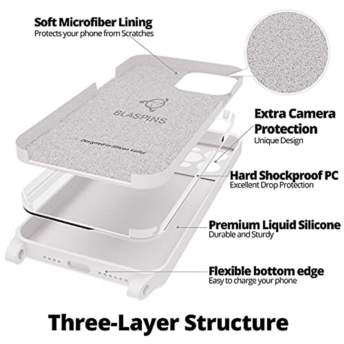 blaspins Crossbody Lanyard Strap Case for iPhone 13, Neck Cross Body, Adjustable Holder Removable, Drop Protection Shockproof, Hands-Free Silicone Case Cover 6.1 inch, 150 cm Strap, iP13 - White