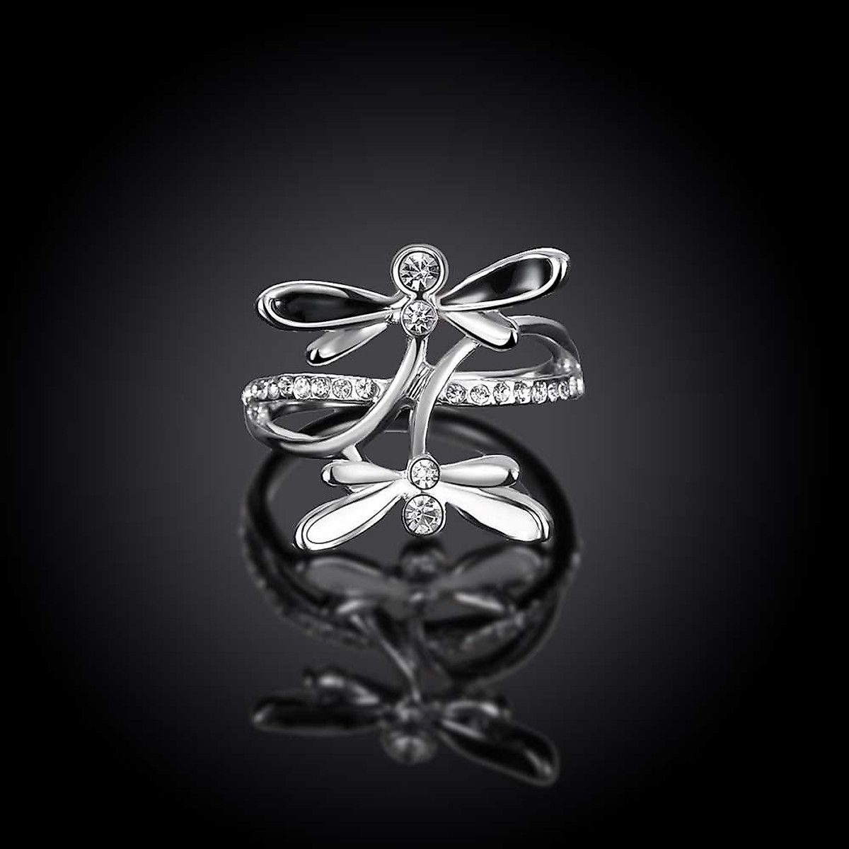 18K Rose Gold Platinum Plated Ring Black AAA Zirconia Women Dragonfly B164 (Platinum Plated, 7)