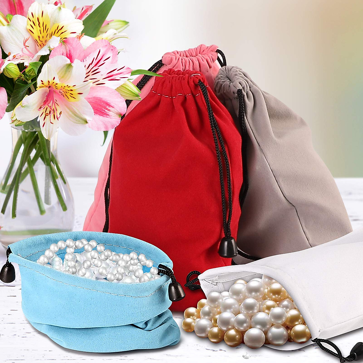 RUTICH Pack Of 25 Mixed colors Large 6.75" X 4.75" Pouch bags - Elegant Velvet Drawstring Bags Jewelry Pouches for Jewelry, Gifts, Event Supplies (White Red Gray Pink Blue)