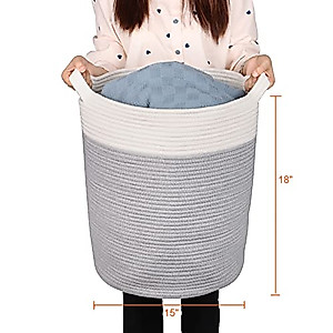 KEEGH Large Cotton Rope Blanket Basket 15" x 18" for Living Room Decorative Woven Laundry Basket with Hanldes Nursery Toy Basket Floor Storage Basket for Blankets Pillows Toys Towels, White & Grey