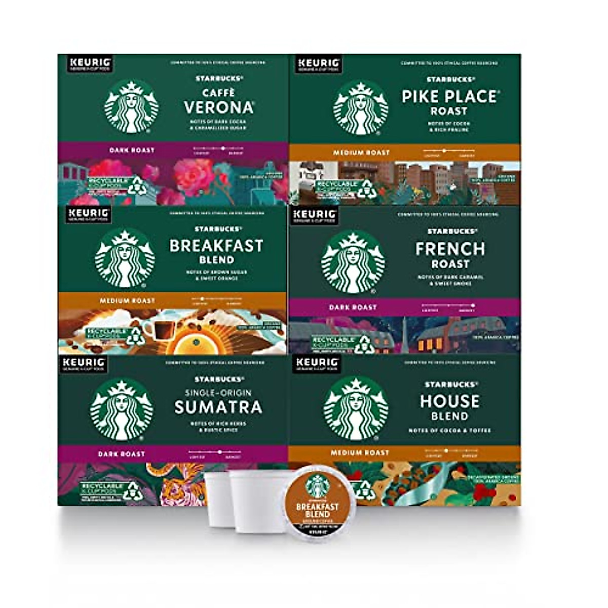 Starbucks K-Cup Coffee Pods—Medium & Dark Roast Variety Pack for Keurig Brewers—100% Arabica—6 boxes (60 pods total)