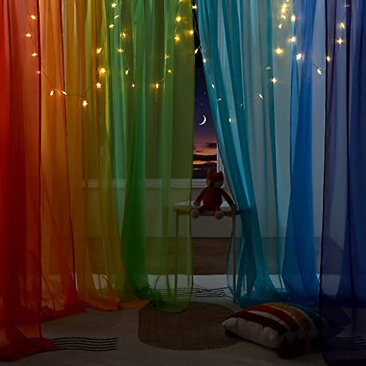 PONY DANCE 7 Pieces Rainbow Sheer Curtains - Colorful Backdrop Bright Drape Set for Playroom,Nurseries,Party,Red,Orange,Yellow,Green,Cyan,Blue,Purple,84 inch Length