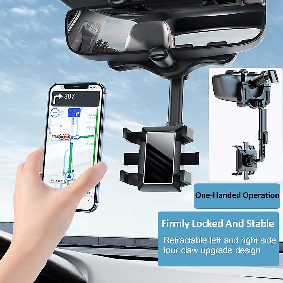 Kairiyard Car Phone Holder Mount, Car Rearview Mirror Phone Holder 360°Rotatable and Retractable Multifunctional Universal Cell Phone Mount Stand for All Mobile Phones