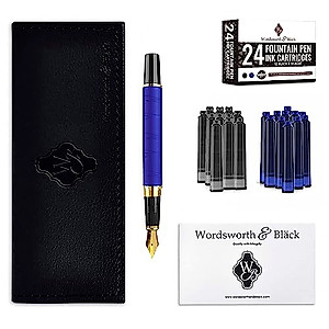 Wordsworth & Black Primori Fountain Pen Set [Blue Gold]; Medium Nib, Gift Case, 24 Ink Cartridges, Refill Converter, Manual; Journaling, Calligraphy, Smooth Writing Pens; Left & Right Handed