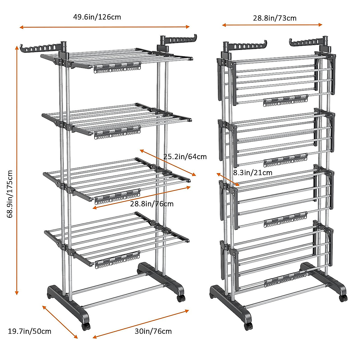 5 Tier Clothes Drying Rack Oversized, Foldable& Adjustable Height Rolling Clothes Rack Stainless Steel with 4 Castor, 32 Drying Poles,14 Hook& 4 Sock Clippers, Drying Rack Clothing for Indoor& Outdoor