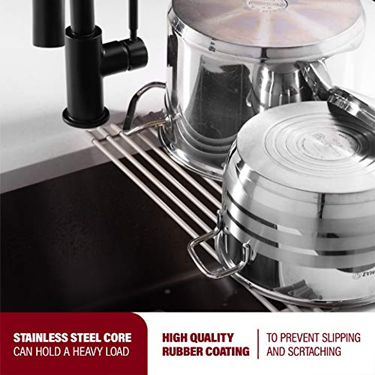 Bellemain Over The Sink Dish Drying Rack | Silicone Dish Drying Mat, Space Saving Drying Rack for Kitchen Counter, Stainless Steel Dish Rack Over Sink | Multipurpose Heat Resistant Mat (Gray, Medium)