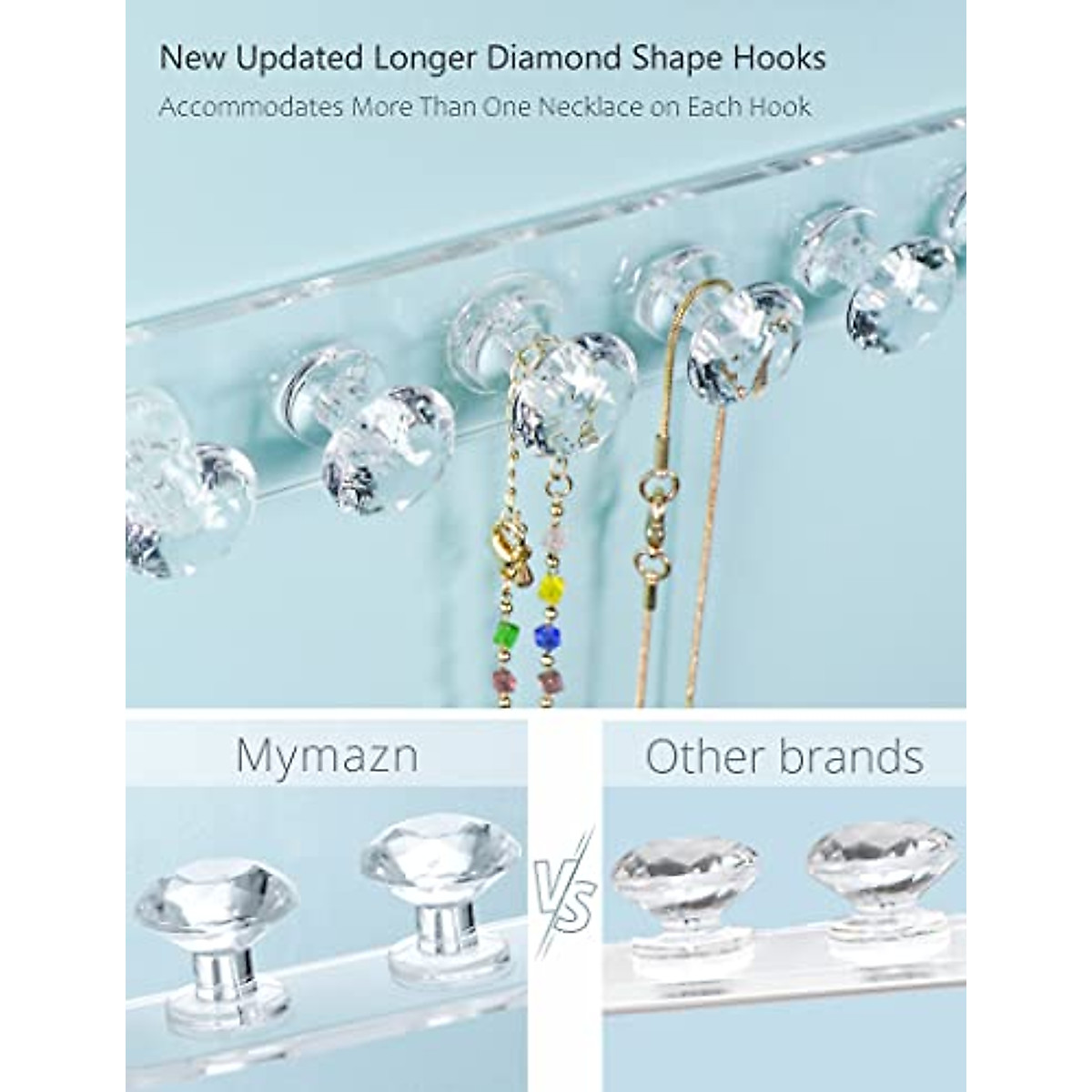 Mymazn 2 Pack Necklace Hangers Acrylic Necklaces Holder Wall Mounted Jewelry Organizer Hanging with 12 Diamond Shape Hooks, Jewelry Hangers for Necklace, Gift for Girls Women