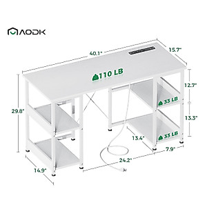 AODK 40 Inch Small Writing Desk with Power Outlets & USB Charging Port, Computer Desk for Small Spaces Home Office, Student Laptop PC Desks with Storage Shelves, Kids Desk, White