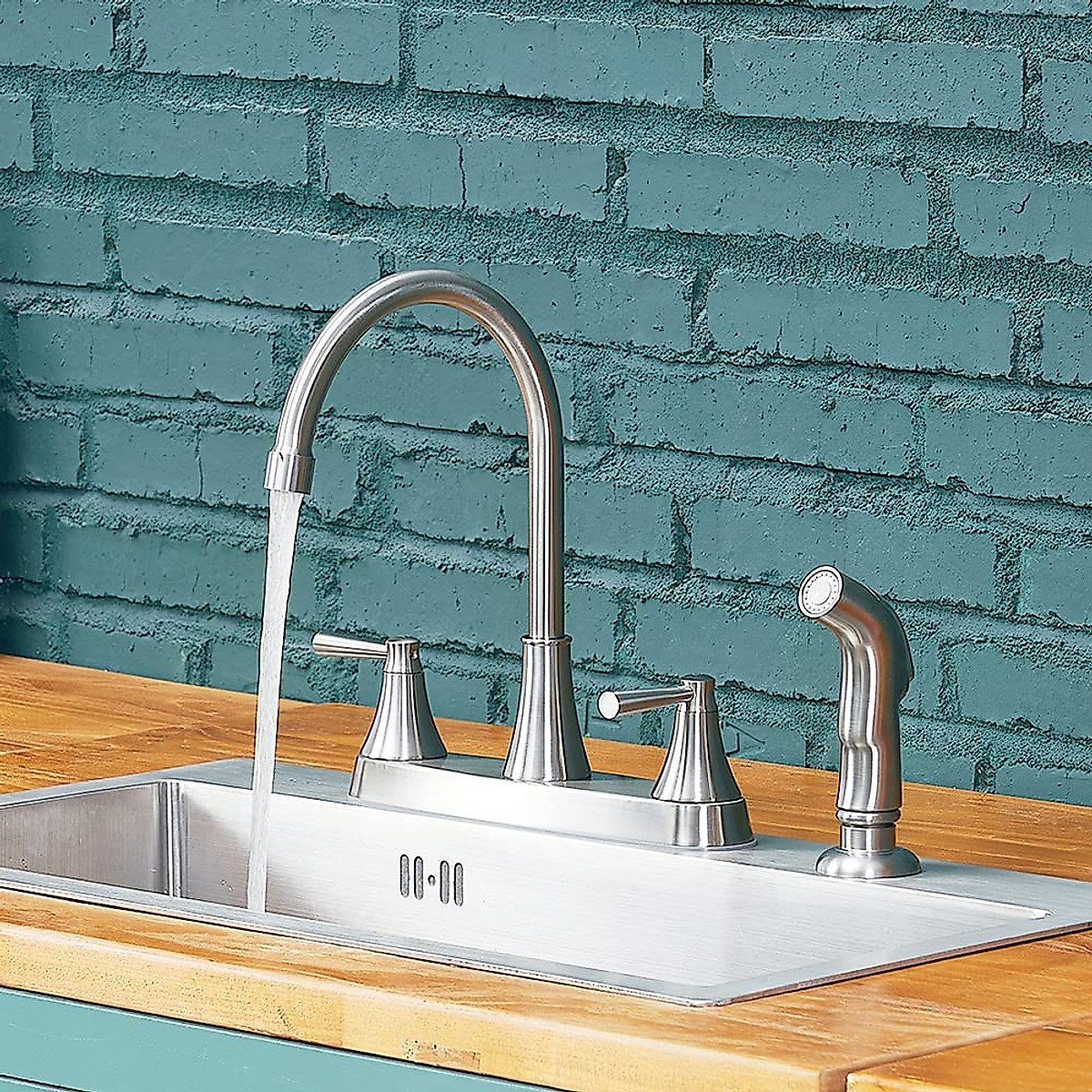 Vsunhoo Kitchen Faucet with Sprayer, Brushed Nickel Stainless Steel, 3-Hole RV Utility Touch Kitchen Faucet with Side Sprayer, TDLKF29L