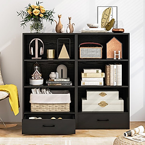 LOKO 4-Tier Bookcase with Storage Drawer, Modern Organizer Display Storage Shelves with Anti-toppling Device, Freestanding Bookshelf with 3 Open Shelves & 1 Drawer, Living Room, Study, Office (Black)