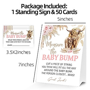 Baby Shower Games Measure the Baby Bump Sign, How Big is Mommy's Belly Party Favors Supplies, 5x7 Inch Kraft Standing Sign and 50 Guessing Cards, Holy Cow, Boho Pink Highland Cow