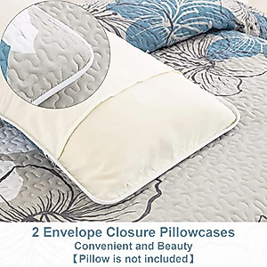 DJY 3 Pieces Quilt Set California King Blue Floral Pattern Quilt Coverlet Elegant Boho Bedspread with 2 Pillow Shams Lightweight Floral Summer Bedding Quilt for Adults Teens 106"x96"