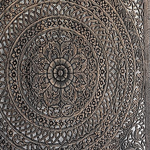 Moroccan King Wood Carved Headboard, Reclaimed Wall Art Hanging in Teak, Wooden Panels Handcrafted from Thailand, Rustic Black Finish, 80 inches