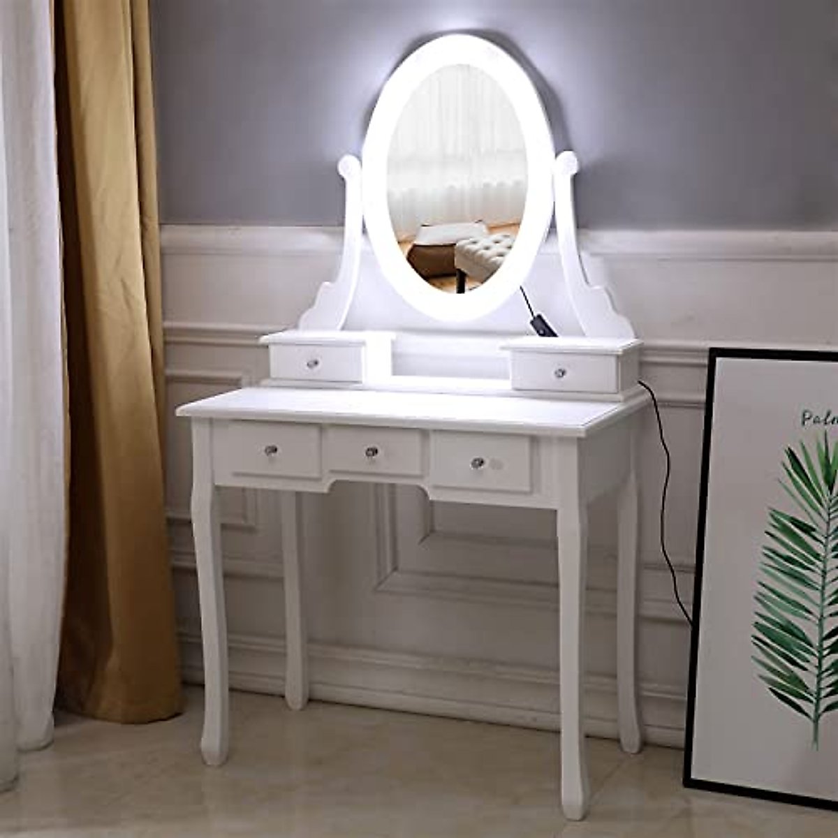 White Lighted Makeup Vanity Set - Makeup Desk with 360° Rotating Oval Mirror and Cushioned Stool - Make-up Vanity Station with Removable Top - Dressing Table with 10 Light Bulbs and 5 Sliding Drawers