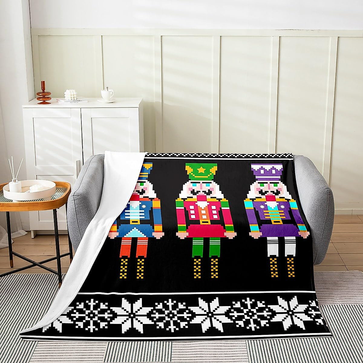 Erosebridal Nutcracker Blanket Twin 60x80 Inch, Retro Xmas Throw Blanket for Kids Young, Colorful Scandinavian Christmas Snowflakes Fleece Blanket, Black White Winter Bed Blanket