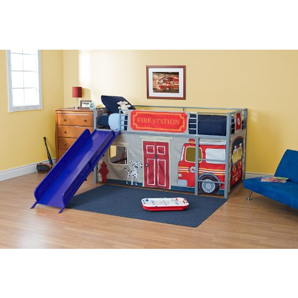 DHP Junior Twin Metal Loft Bed with Slide, Multifunctional Design, Silver with Red Slide & Fire Department Design Curtain Set for Junior Loft Bed, Kids Furniture, Blue